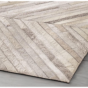 ECLATIQUE RUG Premium Rectangular Rug Cowhide Leather Stylish Non Slip Chevron Patchwork Area Rug for Bedroom and Home Décor Accent Floor Carpet (Beige-10 x 14 ft)
