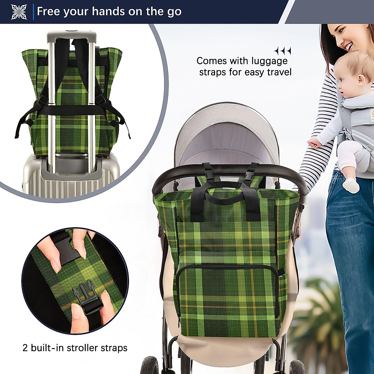 Jihqo Diaper Bag Backpack National Tartan Saint Patrick Travel Diaper Bags for Women, 10L Functional Baby Changing Bag with Insulted Pockets, Stroller Straps