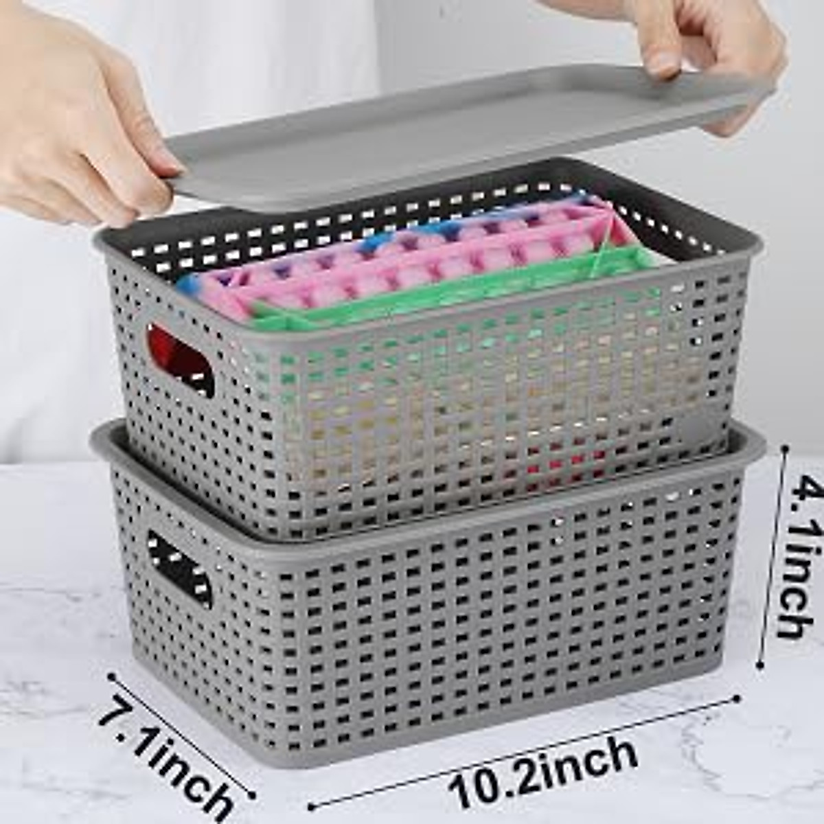 EOENVIVS Storage Bins with Lids 8 Packs Small Plastic Storage Basket Organizer Bins Pantry Organization and Storage Container for Organizing Shelves Desktop Closet Playroom Classroom Office, Grey