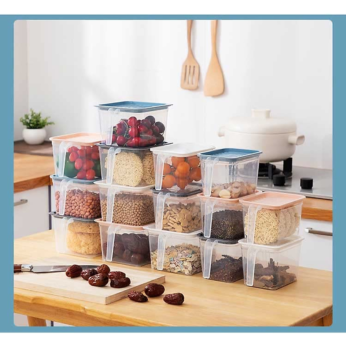 SERENITA Food storage containers bins with Handle Lids, 1 Qt 4 pieces stackable Set of 4 BPA Free. Pantry bins for kitchen refrigerators. Keep meal cereal flour sugar