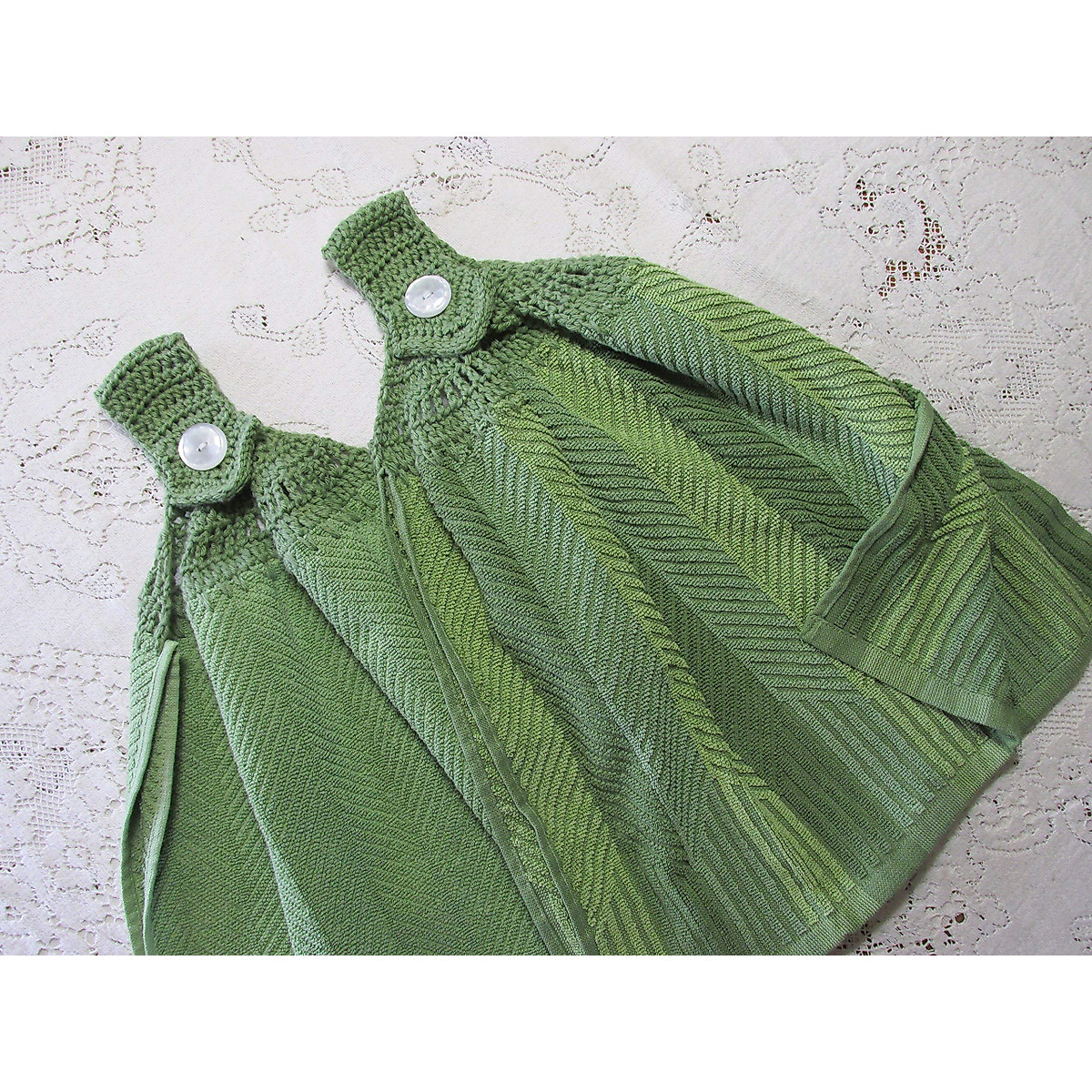 Set of 2 Green Doubled Chevron Design Hanging Kitchen Towels with Green Cotton Crochet Top - Best Quality