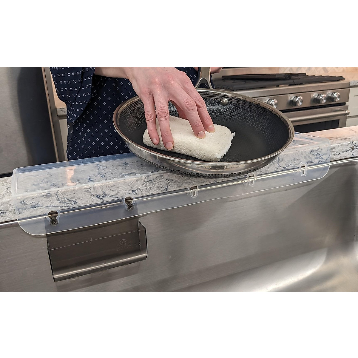 SiliSink XL Silicone Sink Edge Guard for Kitchen Sink - Fits 3.75” - 4” Wide - The Original Silicone Sink Edge Protector with Sponge Caddy - Splash Guard, 20” Clear Diamond