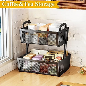 Fruit Basket Bowls For Kitchen Counter - Metal Fruit Stand with Handle - Kitchen Vegetables Bread Snacks Storage Organization, 2 Tier Black