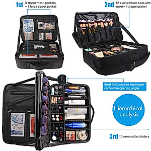 MONSTINA 16.5'' Large Capacity Makeup Case 3 Layers Cosmetic Organizer Brush Bag Makeup Train Case Makeup Artist Box for Hair Curler Hair Straightener Brush Set and Cosmetics
