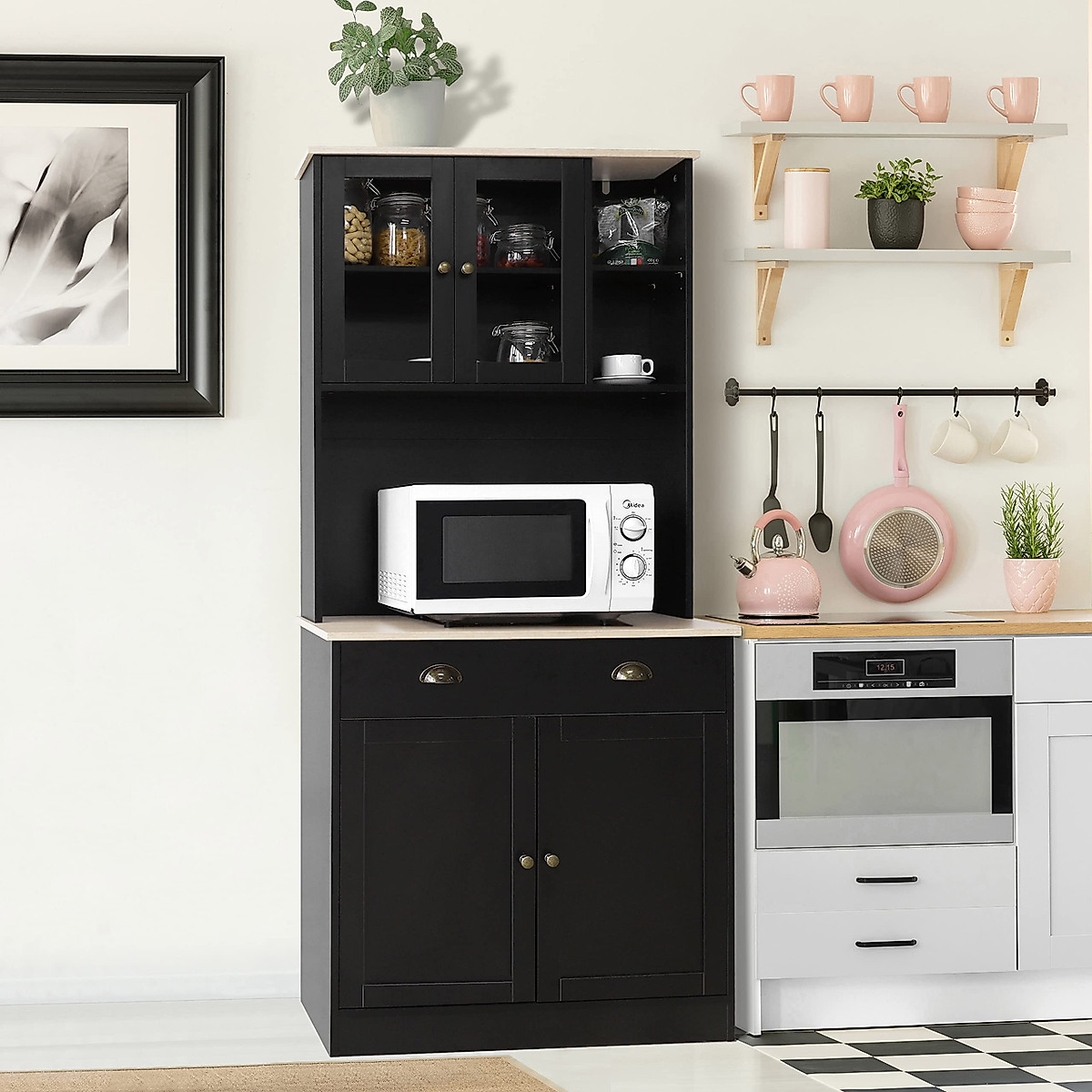 MUPATER 72'' Kitchen Pantry Cabinet Storage Hutch with Microwave Stand, Freestanding Pantry Buffet Cabinet with Adjustable Shelves, Cupboard and Drawer for Home, Black