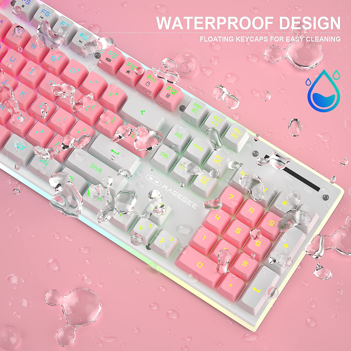 MageGee Wireless Gaming Keyboard, Rechargeable RGB LED Backlit Quiet Keyboard with Sidelight & Metal Panel, V510 2.4G Wireless Ergonomic Waterproof Office Keyboard, White and Pink