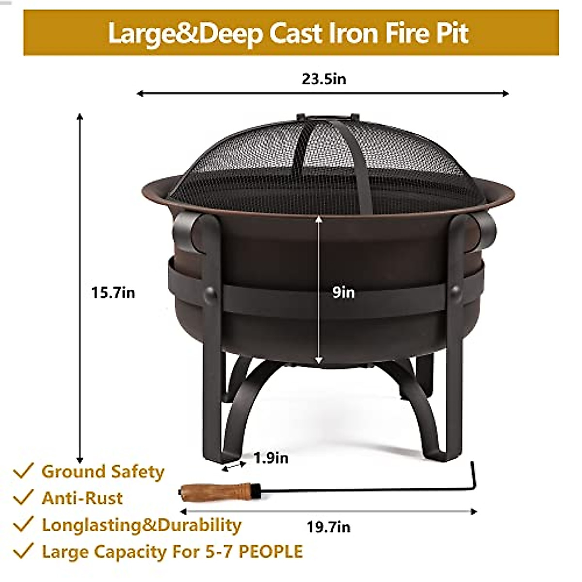 WeCooper Steel Cauldron Fire Pits, Outdoor Round Wood Burning Fire Pit Bowl with Mesh Screen,Fireplace Poker,23.5Inch
