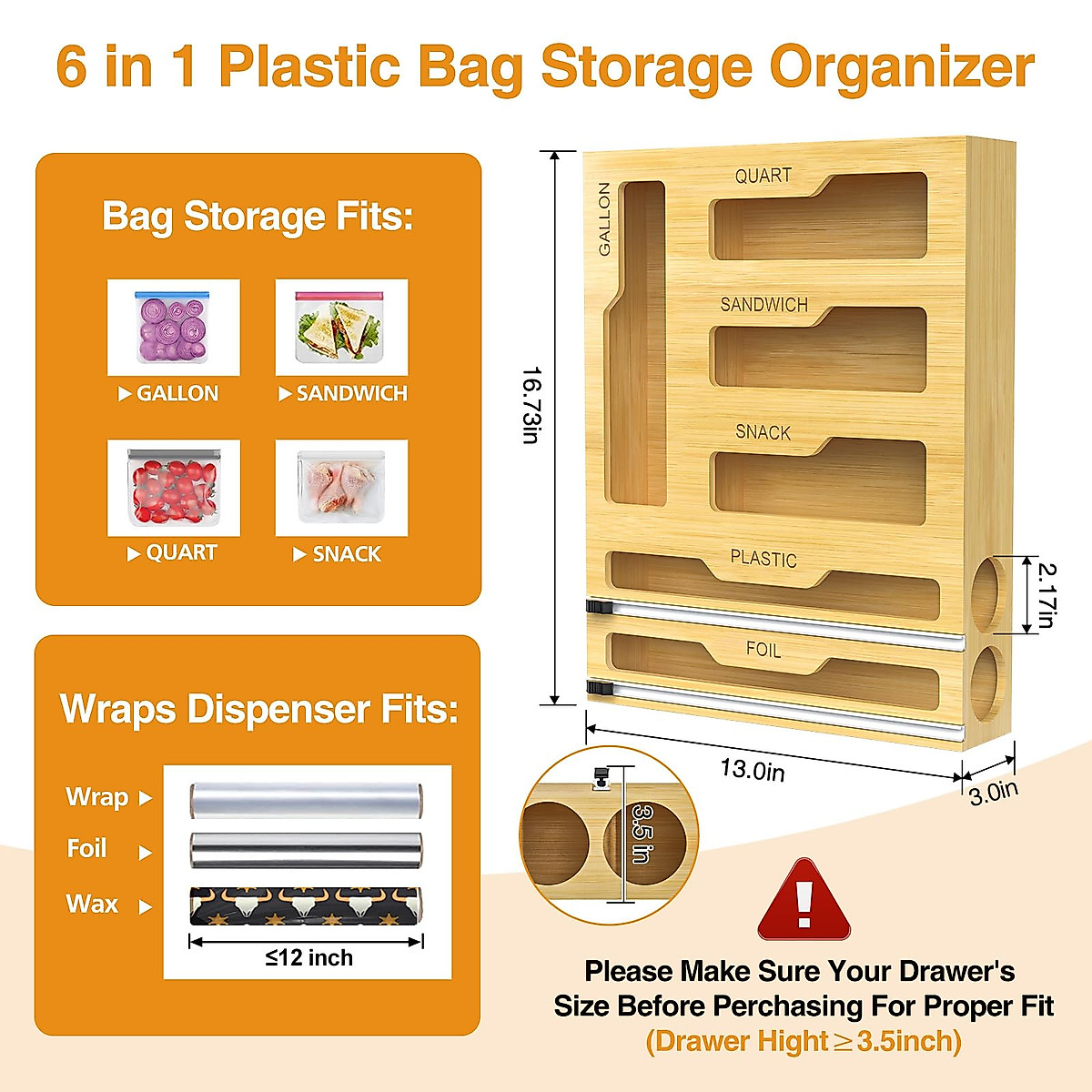 HOSTENU 6 in 1 Storage Bag Organizer for Kitchen Drawer, Bamboo Foil and Plastic Wrap Dispenser with Cutter, Food Baggie Organizer for Drawer, Plastic Bag Organizer for Gallon, Quart, Sandwich, Snack