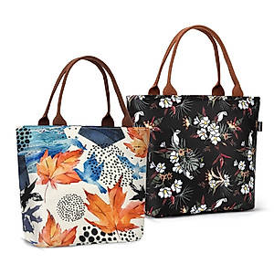 Gloppie Insulated Lunch Bags for Women Lunch Box Leak Proof Cooler Tote Purse Large Food Container Meal Prep for Work Beach Picnic 9L White Flower +Maple Leaf