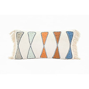 Bloomingville Rectangle Cotton Pillow with Embroidery & Fringe, Multicolored