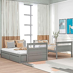 ATY Twin Over Full Bunk Bed with 2 Storage Drawers, Wooden Bedframe w/Ladder & Safety Guardrail, Can be Divided into 2Beds, Save Space, for Bedroom, Guestroom, Dorm,No Box Spring Needed, Gray