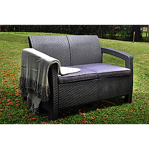 Keter Corfu Resin Wicker Loveseat with Outdoor Cushions – Patio Furniture Perfect for Front Porch Décor and Poolside Seating, Grey