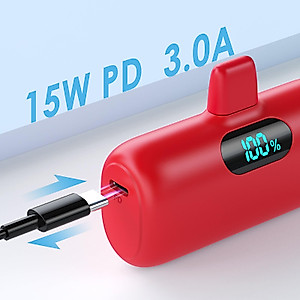 Mini Portable Charger 5000mAh for iPhone,Small & Ultra Compact 15W PD Fast Charging Power Bank, LCD Display Battery Pack Compatible with iPhone 14/14 Pro Max/13/13 Pro Max/12/11/XR/X/8/7-Dark Red