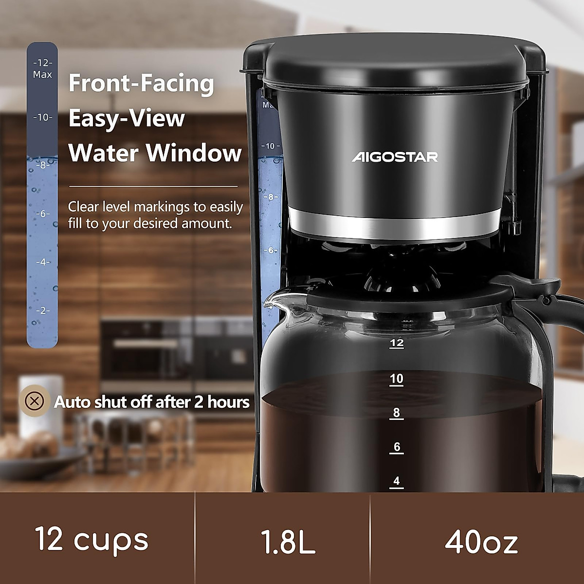 Aigostar Programmable Coffee Maker, 12 Cup Coffee Maker with Glass Carafe, Auto Pause Drip Coffee Maker, 24H Timer and Auto Keep Warm Small Coffee Maker with Permanent Filter, Black