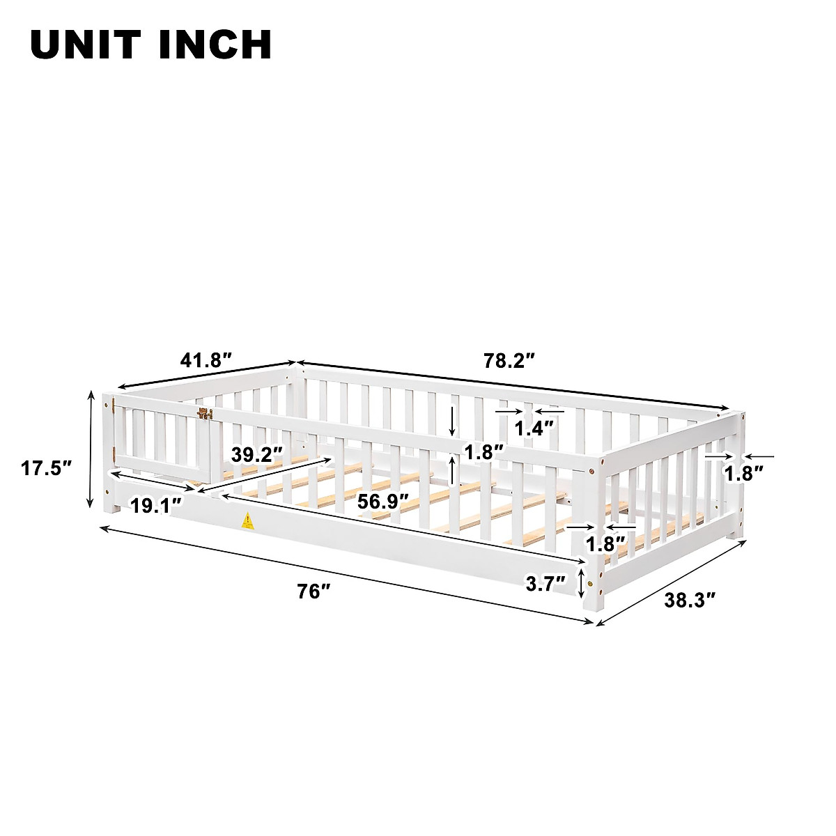 PVWIIK Twin Size Montessori Floor Bed Frame with Convertible Door & Wood Slats for Kids,Wood Montessori Bed with Safety Guardrails for Girls & Boys,White