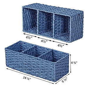 Vagusicc 3-Section Wicker Storage Basket, Hand-Woven Paper Rope Wicker Baskets,Toilet Paper Basket for Toilet Tank Top, Small Wicker Baskets for Organizing, 2-Pack, Blue