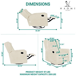 Naomi Home Relieve Muscle Aches with Nursery Glider, Upholstered Rocker Recliner Comfortable Rocking Chair with 360° Swivel Motion, Soft Cushions for Nursing and Bonding, Baby Reclining Chair (Cream)