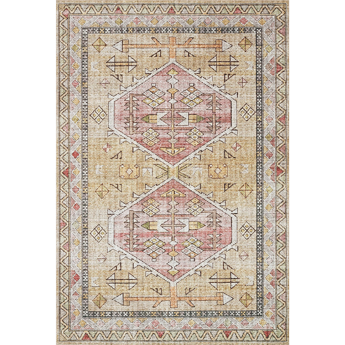 Loloi II Skye Collection SKY-04 Gold/Blush 9'-0" x 12'-0", 13" Thick,Area Rug,Soft,Durable,Vintage Inspired,Distressed,Low Pile,Non-Shedding,Easy Clean,Printed,Living Room Rug