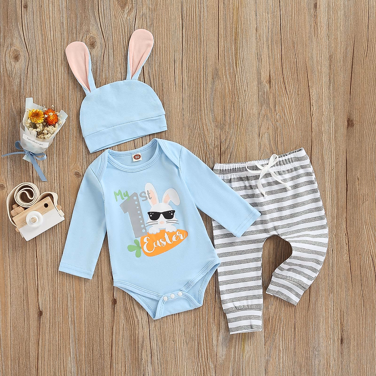 Newborn Baby Girls Boys Easter Outfits My 1st Easter Romper Bodysuit Stripe Bunny Pants Hat 3Pcs Clothes Set