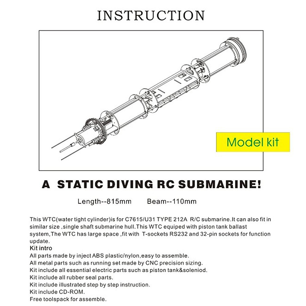 Arkmodel 1:48 U31 (Type 212A) AIP Submarine Including Double Piston Tank WTC(Water Tight Cylinder) KIT [C7615K+W7615PS2K]
