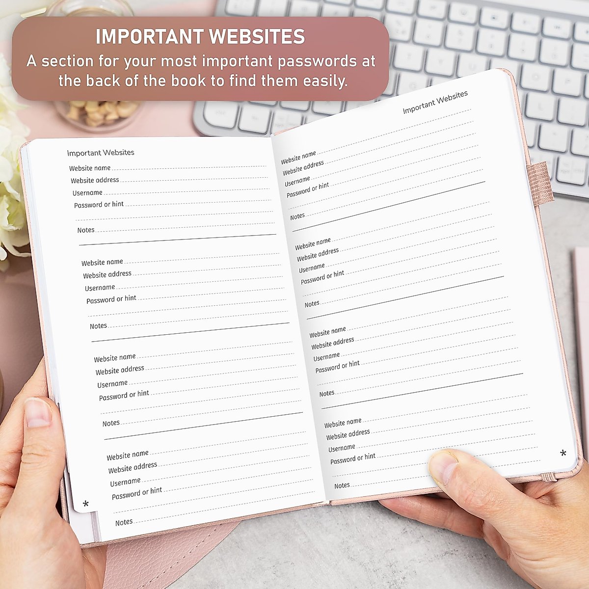 GoGirl Password Book with Alphabetical tabs – Internet Address & Password Keeper Logbook for Password Organization, Journal Notebook for Saving Website Logins. Medium Size 5.3″ x 7.7″, Rose Gold