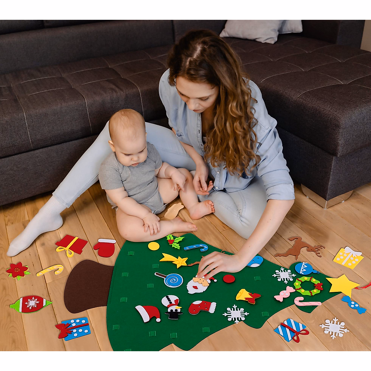 3ft DIY Lighted Felt Christmas Tree Set Plus Snowman Advent Calendar - Xmas Decorations Wall Hanging 33 Ornaments Kids Gift with String Light (Batteries Not Included)