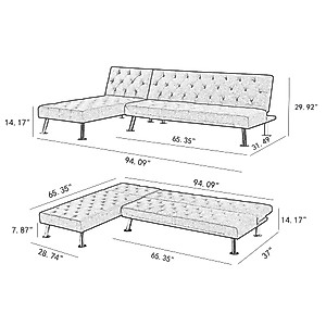 Modern Fabric Futon Sofa Bed with Convertible Single & Double Seat Futon Beds,L-Shaped Reversible Sectional Couch Sofa Bed with Metal Legs for Home/Living Room/Apartment/Dorm (Black + Fabric)