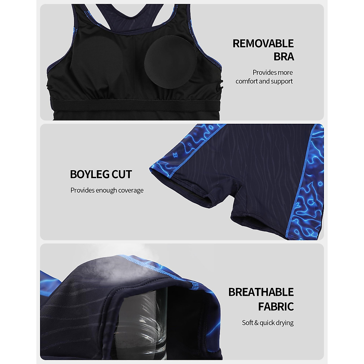 beautyin Womens One Piece Swimsuits Athletic Boyleg Bathing Suit Sports Training Boyshort Swimming Costume Blue/Navy