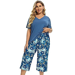 Vozanet Women's V Neck Sexy Pajamas Capri Sets Full Printed Flowers Ladies Sleepwear V Neck Floral Nighty XL to 5XL, Blue, 4X-Large