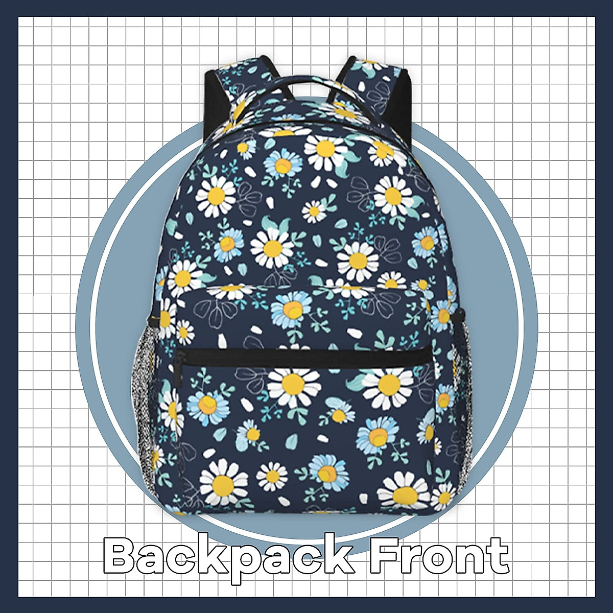 Junong 17 Inch Daisy Backpack for Women Fashion Laptop Flower Backpack Cute Travel Bag Women College Floral Backpack (Navy Blue)