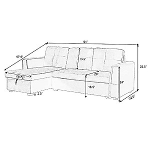 Legend Vansen 91''Velvet Sofa Chaise Storage Reversible L-Shape Sleeper Sectional,Sofabed,Seelper, Apt, Cream