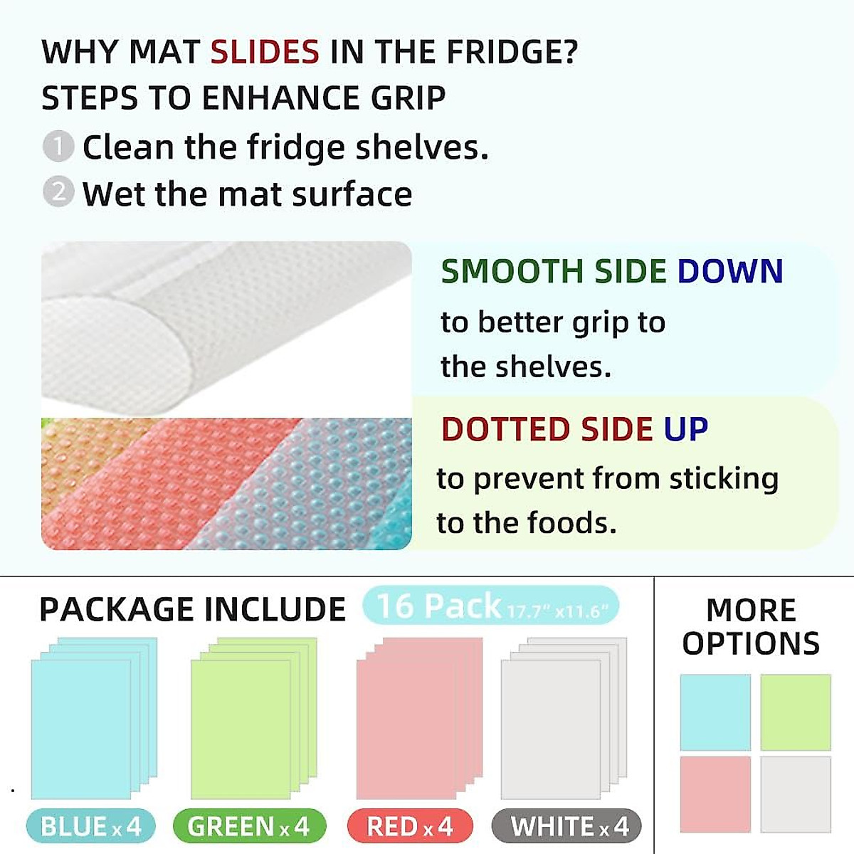 16 Pcs Refrigerator Liners, CR Washable Mats Covers Pads Home Kitchen Gadgets Accessories Organization Top Freezer Glass Shelf Wire Shelving Cupboard Cabinet Drawer (4 Blue 4 Green 4 Red 4 White)