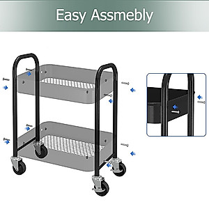 Melody House 2 Tier All-Metal Rolling Cart,Rolling Storage Cart with Handle and Locking Wheels Kitchen Cart,Laundry Office Bathroom Storage Organizer Cart with Wheels, Black