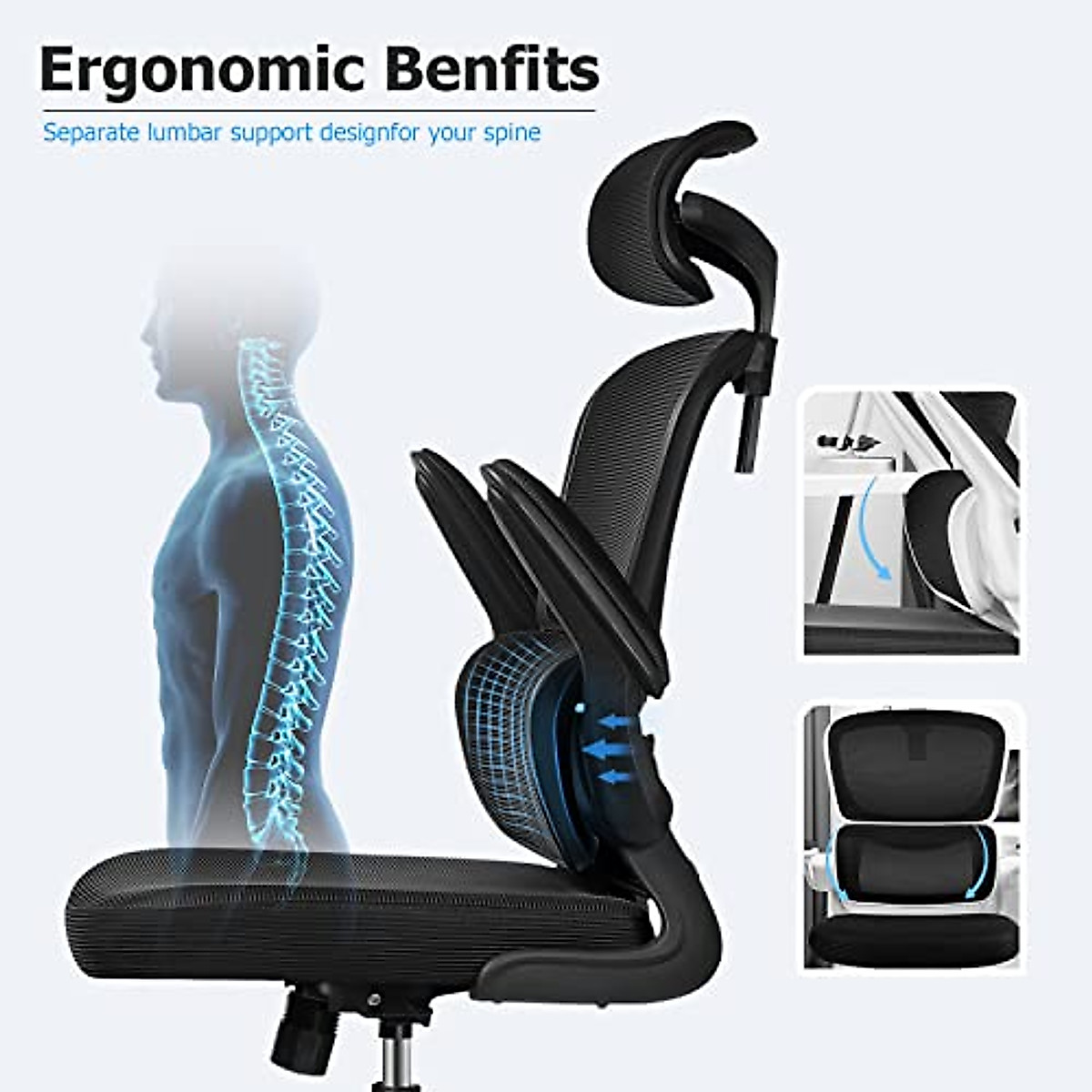 Razzor Ergonomic Office Chair, High Back Mesh Desk Chair with Lumbar Support and Adjustable Headrest, Computer Gaming Chair, Executive Swivel Chair for Home Office