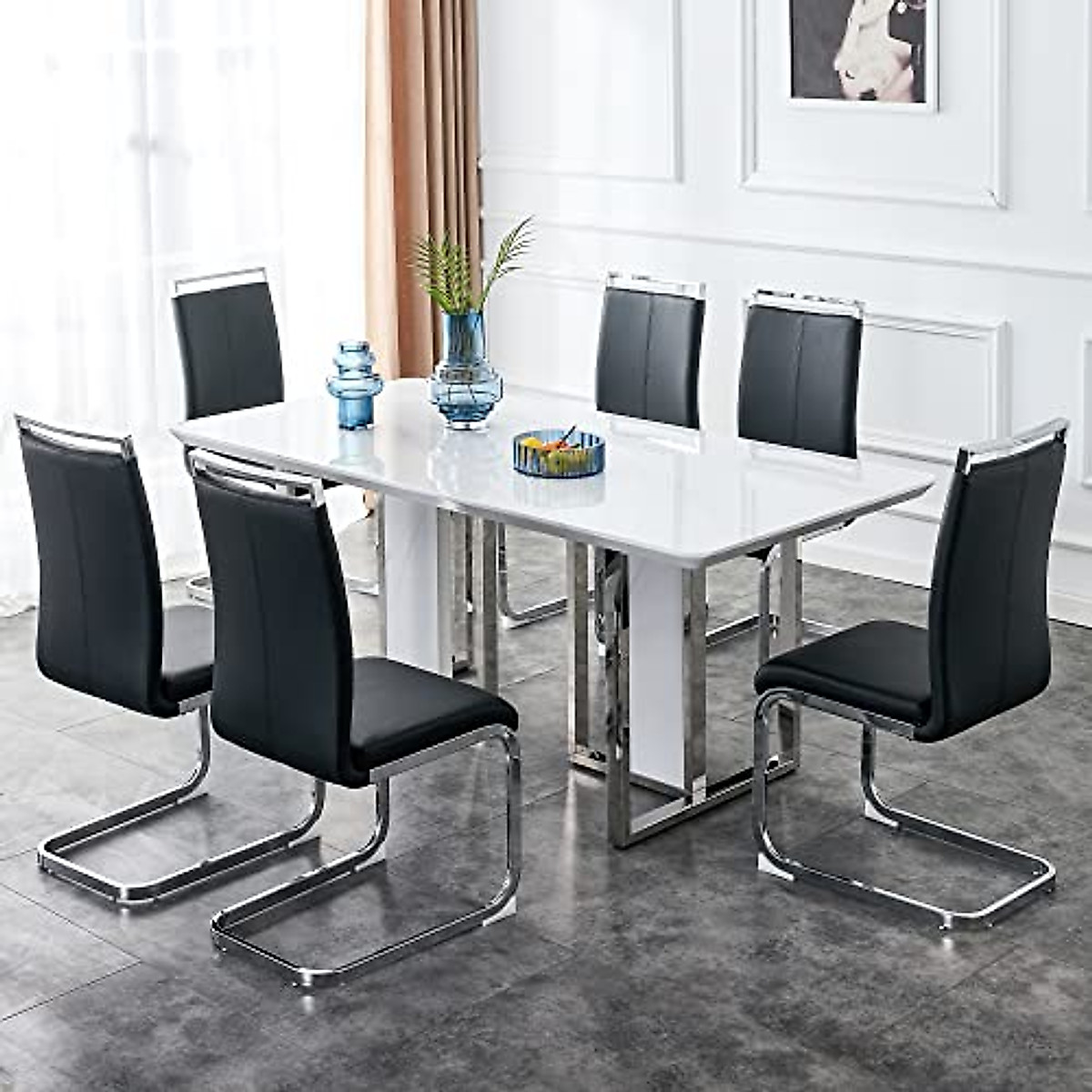 Dining Room Table Set for 6,Modern 71 Inch Rectangular Dining Table For 6-8 Persons,With 6 Black Faux Leather Upholstered High-Back Dining Chairs For Dining Room / Kitchen (Table + 6 Black Chair)