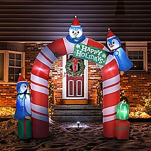Outsunny 8ft Christmas Inflatables Outdoor Decorations Candy Cane Archway with Three Penguins and Gift Boxes, Blow-Up LED Yard Christmas Decor for Lawn Garden