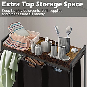 Whoonba Large Laundry Hamper Sorter with 3 Removable & Pull-Out Sorting Bags, Wooden Top Shelf, Versatile Laundry Basket Organizer for Laundry Room, Bathroom, Dorm, 8 * 3 Gal, Black