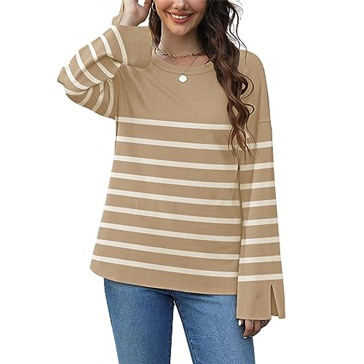 Disamer Women's 2025 Casual Oversized Sweaters Fall Clothes Trendy Long Sleeve Crew Neck Pullover Tunic Tops,Stripe Khaki,Large