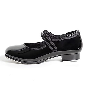 Easy Strap Tap Dance Shoes with PU Shiny Leather for Boys and Girls,US10-Little Kid Black
