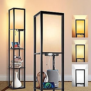 Outon Floor Lamp with Shelves, LED Column Modern Floor Lamp with USB Port & Power Outlet, Memory Function, Wood Standing Lamp with White Linen Texture Shade for Living Room, Bedroom, Office (Black)