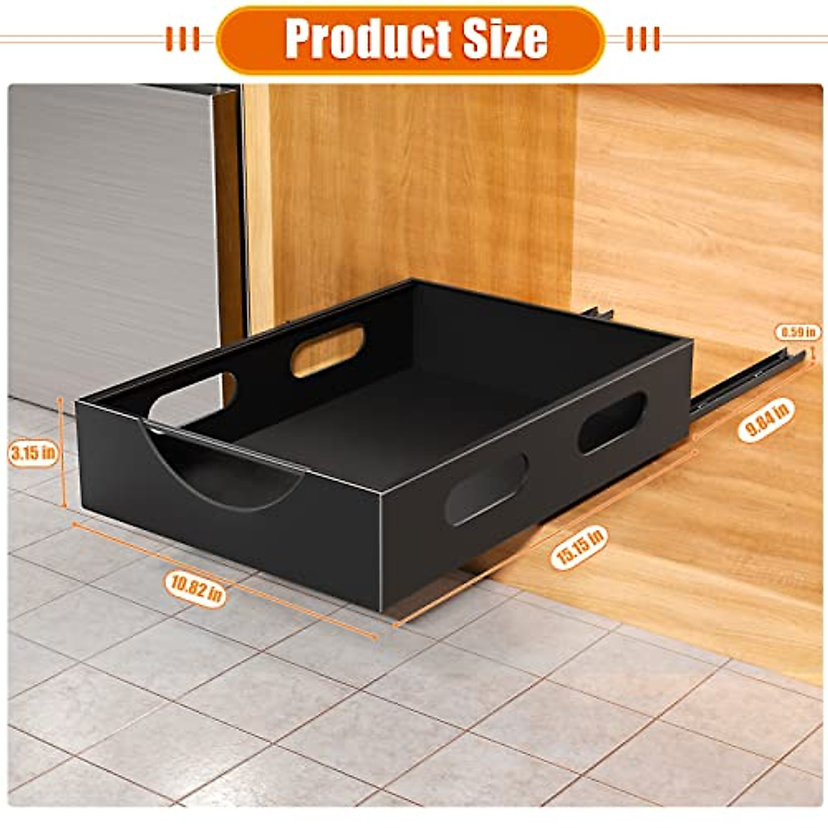 caktraie Pull Out Cabinet Organizer Fixed with Adhesive, Slide Out Drawer Storage Shelves - 10.8" W x 15.15" D Heavy Duty Pull Out Drawers for Kitchen Cabinets, Living Room, Home - Black