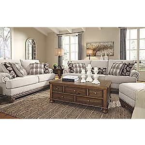Signature Design by Ashley Harleson Modern Farmhouse Loveseat with Nailhead Trim and 4 Accent Pillows, Beige