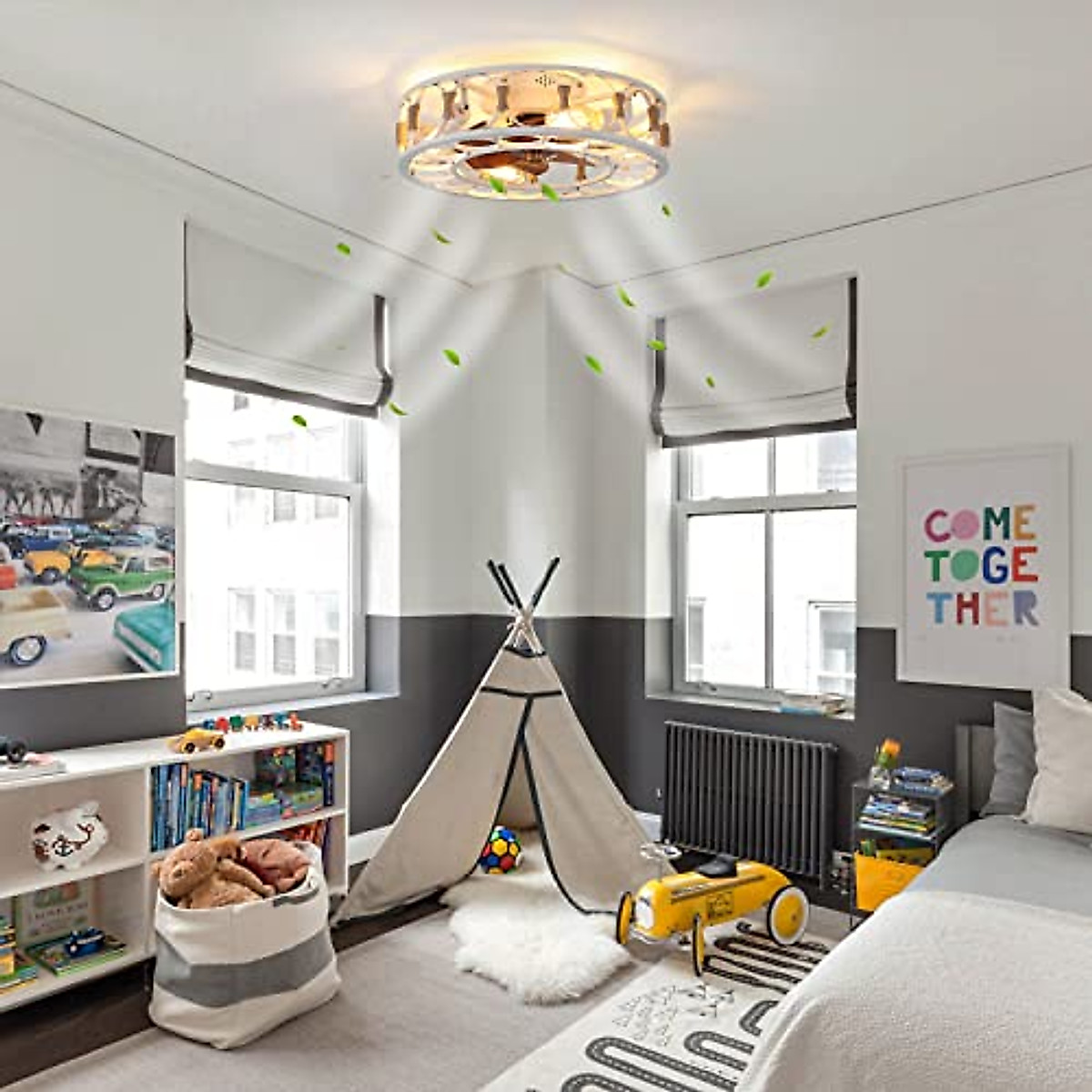 BUXVRCS 19.68'' Flush Mount Caged Ceiling Fan with Lights, Farmhouse Rustic Low Profile Ceiling Fans, 4-Light Vintage Enclosed Ceiling Fan Lighting Fixture Remote Control (Including 5 Bulbs) (White)