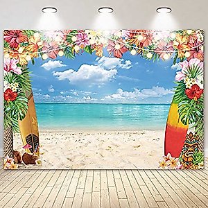LIVUCEE 8x6ft Fabric Summer Hawaiian Beach Backdrop for Photography Tropical Flower Luau Aloha Backdrop Blue Sky Ocean Palm Leaves Background Birthday Hawaiian Party Decorations Suppiles Photoshoot