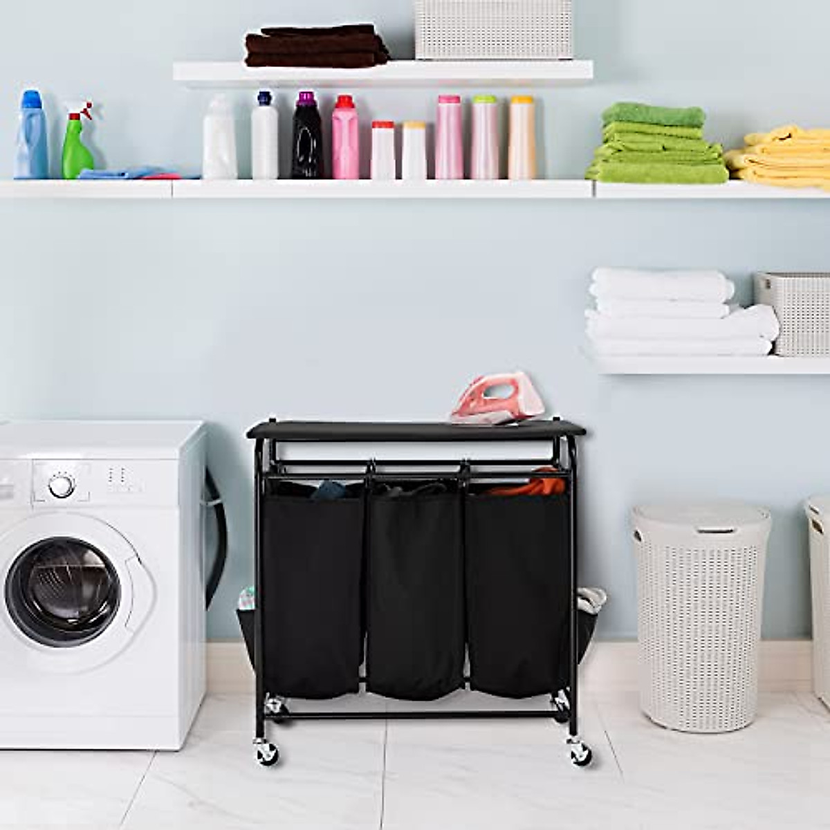 HollyHOME Laundry Sorter Cart with Foldable Ironing Board with Removable 3 Bags Laundry Hamper Sorter with Small cloth bags on both sides Black