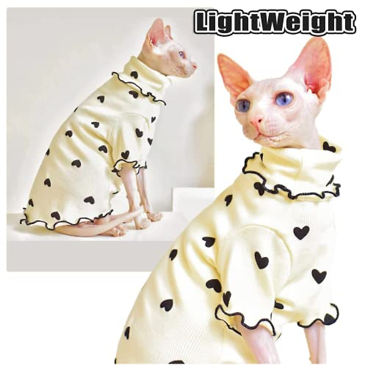 DENTRUN Turtleneck Heart Pattern Sphynx Hairless Cats Shirt, Kitten T-Shirts with Perlin Sleeves, Breathable Cat Wear Cute Sweater Adorable Hairless Cat's Clothes Vest Pajamas Jumpsuit, Beige