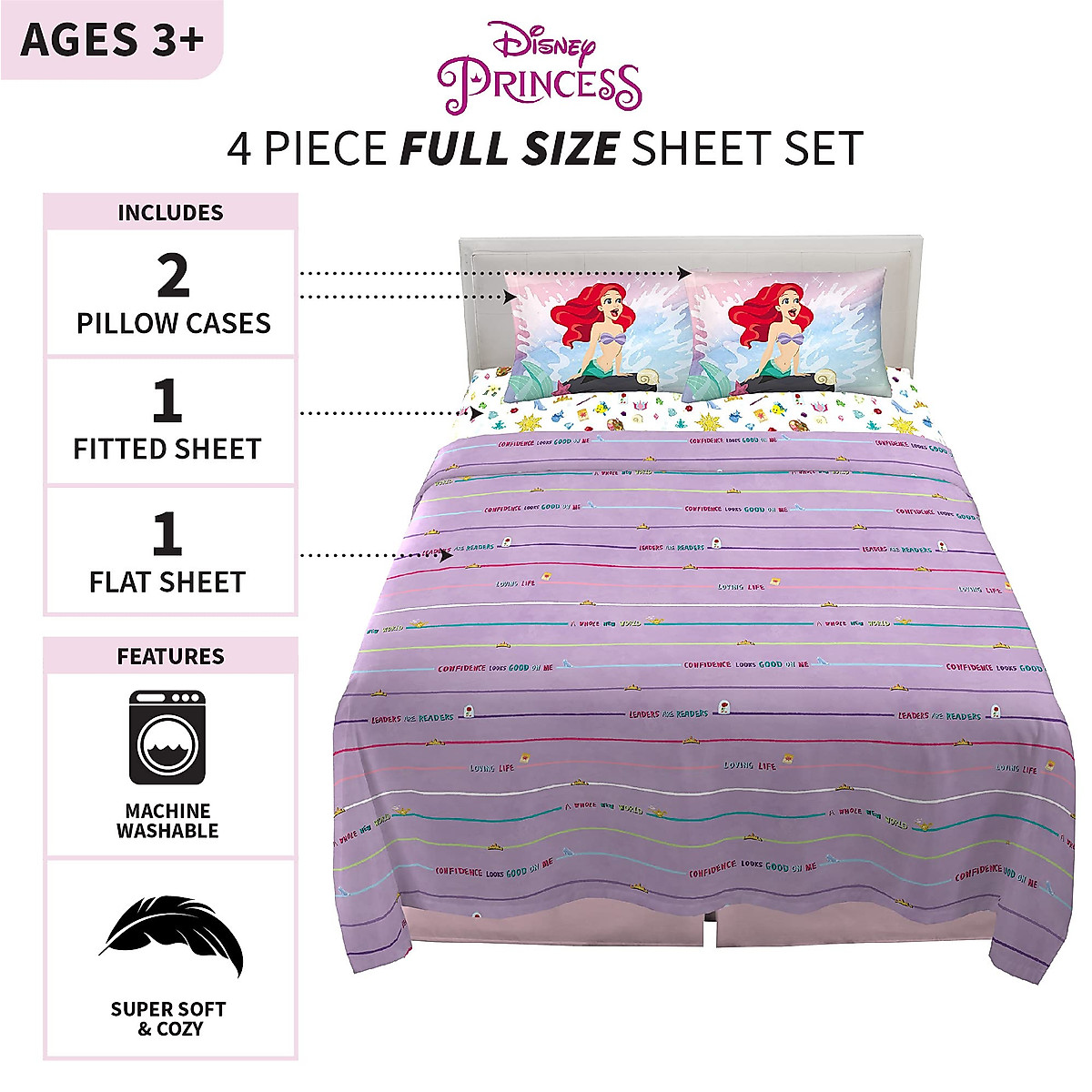 Disney Princess Kids Bedding Super Soft Microfiber Sheet Set, Full, "Official" Disney Product By Franco