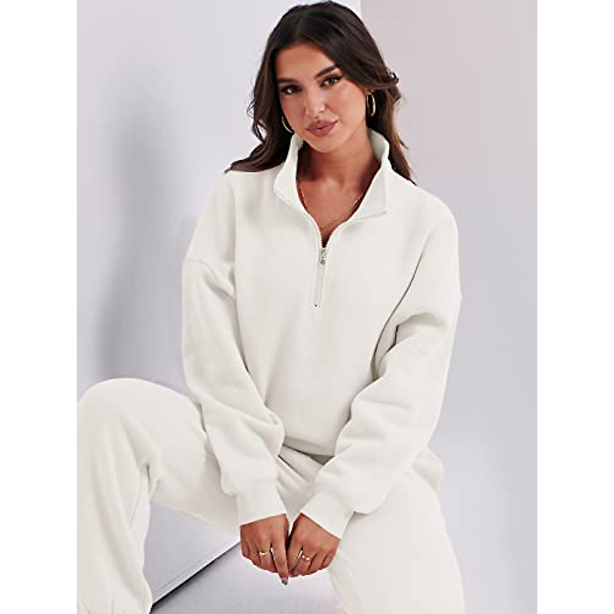 Prinbara Women's 2023 Fall Fashion Outfits 2 Piece Sweatsuit Solid Color Long Sleeve Pullover Long Pants Tracksuit 7PA76-baise-L