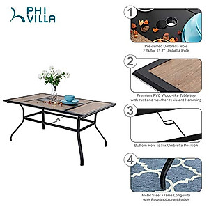 PHI VILLA 8 pcs Outdoor Dining Set with 13ft Double-Sided Market Umbrella(Blue), Rectangle Wood-Like Metal Table and 6 Spring Dining Chairs,Slightly Rocking for Garden, Lawn,Yard