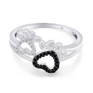 Round Cut White & Black Diamond Paw Print Promise Ring In 14K White Gold Over Sterling Silver (0.10 cttw) Ring Size-7